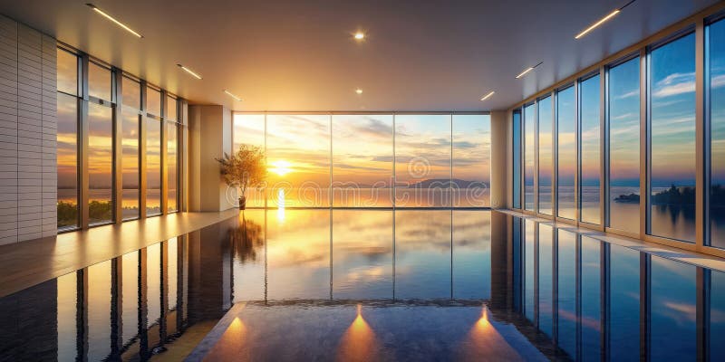 Serene Sunset Reflections in a Modern Indoor Pool with Expansive Window ...