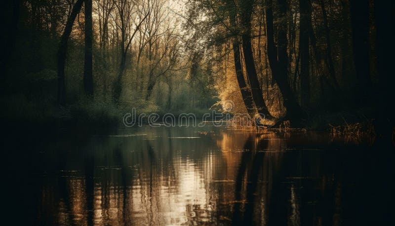 Serene Sunset River Reflection in the Forest Stock Illustration ...