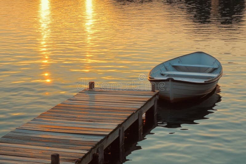Serene Sunset, Rowboat Moored at Wooden Dock Stock Illustration ...