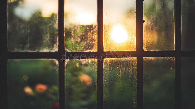 Serene Sunset through a Rustic Window with Glass Reflections Stock ...