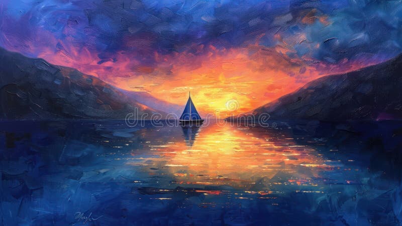 Serene Sunset Sailboat Painting. Stock Illustration - Illustration of ...