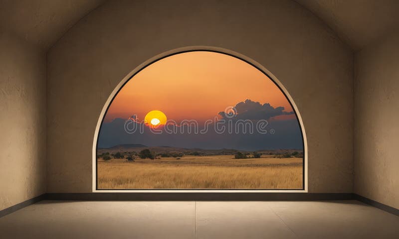 Serene Sunset Scene is Captured through Arched Window, with the Sun ...