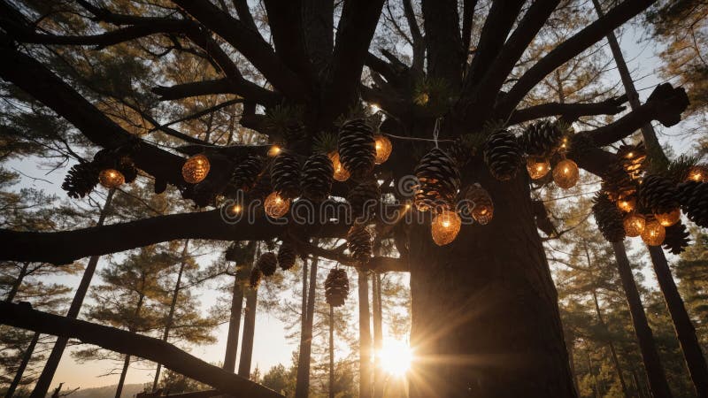 Magical Sunset Pine Cone Lights Hanging on Tree Branches Stock ...