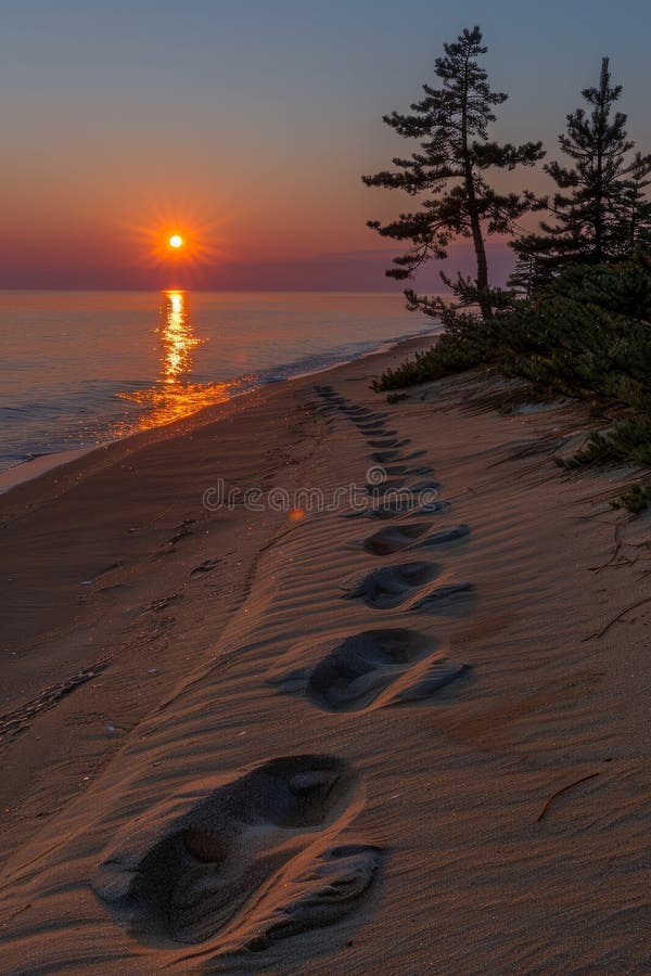 A Serene Sunset Scene on a Sandy Beach with Visible Footprints in the ...