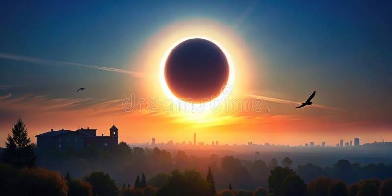 A Serene Sunset Silhouette of a Building with a Total Solar Eclipse and ...