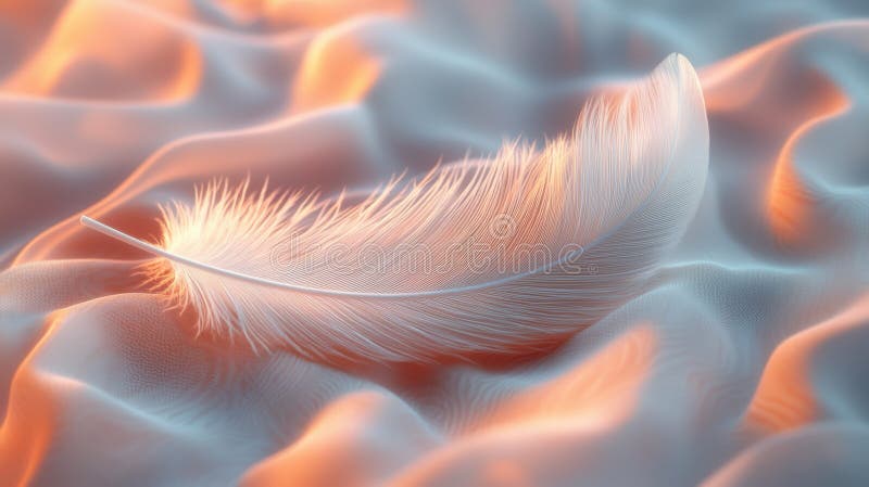 Serene Sunset: a Single White Feather Resting on Soft, Draped Fabric ...