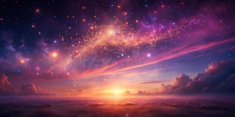 A Serene Sunset Sky with a Galaxy of Sparkling Stars Above a Layer of ...