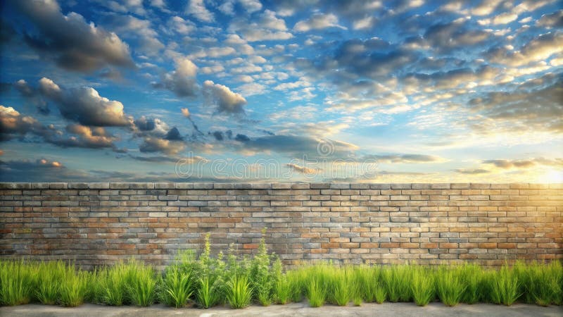 Serene Sunset Sky Over a Sturdy Brick Wall with Lush Grass. Generative ...