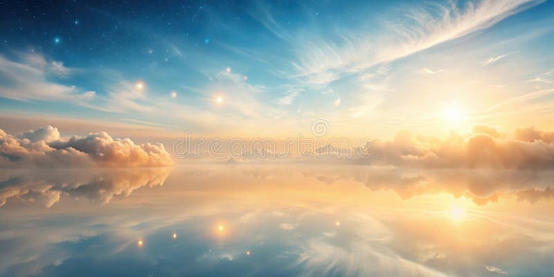 Serene Sunset Sky Reflected in Tranquil Waters, a Breathtaking Panorama of Clouds and Celestial ...