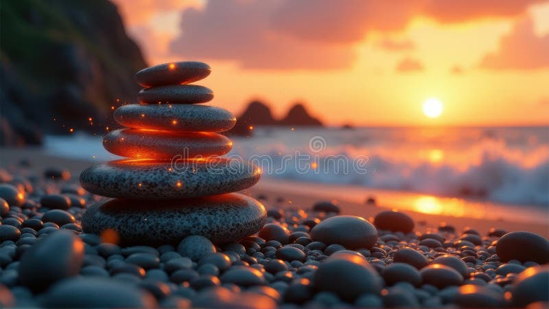Serene Sunset Stacked Stones on Beach Stock Illustration - Illustration ...
