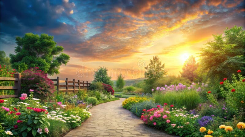 A Serene Sunset Stroll Along a Stone Path Winding through a Vibrant ...