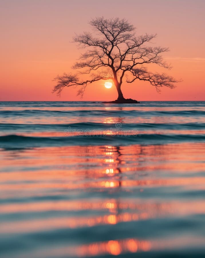 Serene Sunset Tree Silhouette Standing Alone in Calm Ocean Waters Stock ...