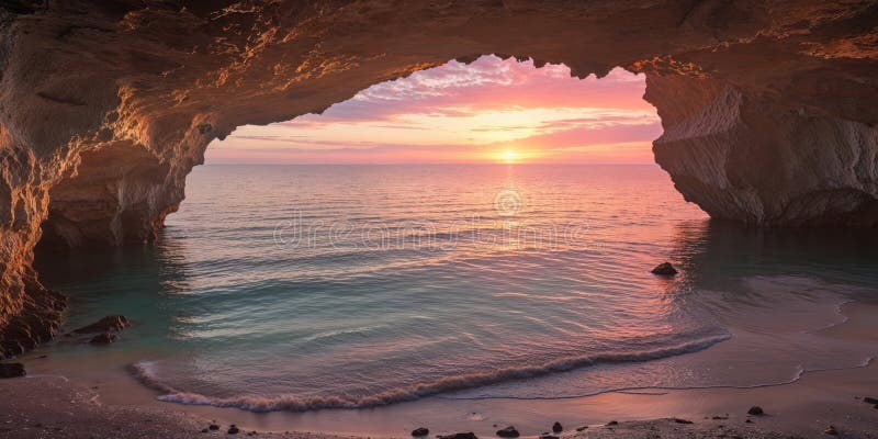 Serene Sunset View from a Cave Overlooking Tranquil Ocean Waters Stock ...