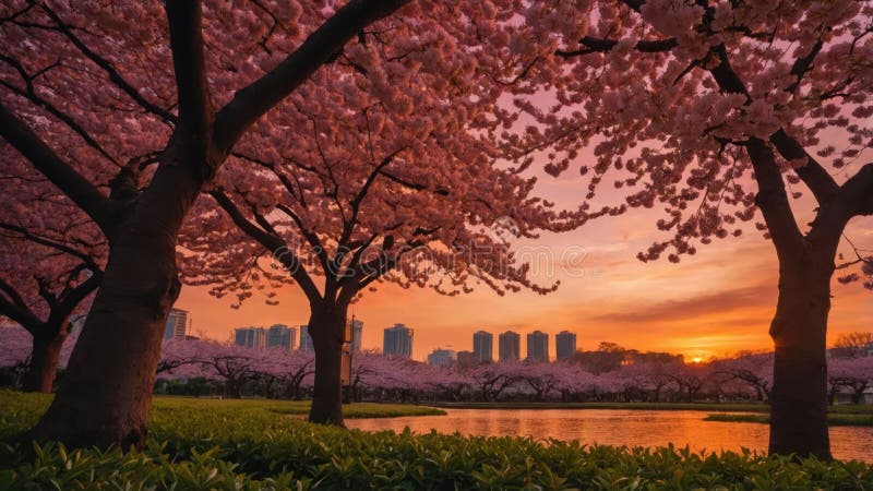 A Serene Sunset View through Cherry Blossom Trees in an Urban Park ...