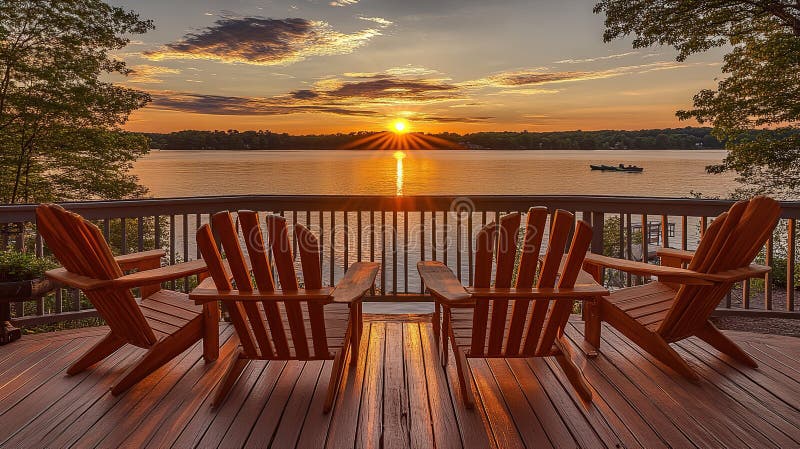 Serene Sunset View from Lakeside Deck with Three Adirondack Chairs ...
