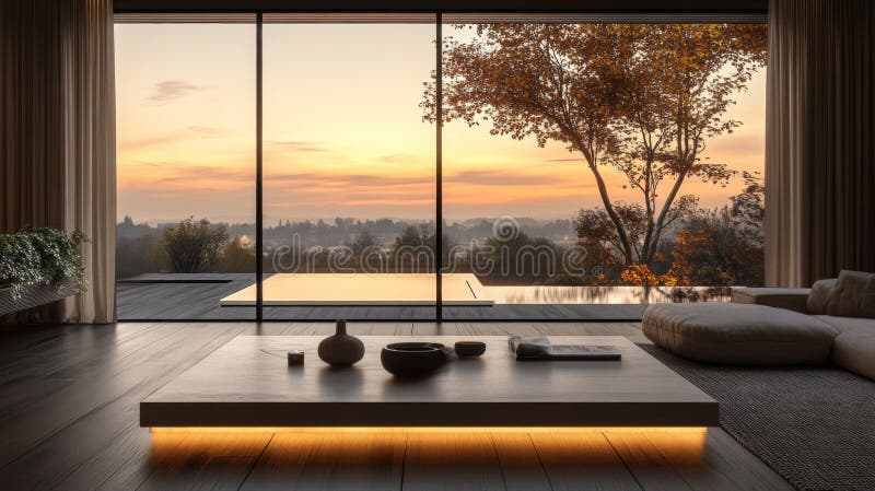 Serene Sunset View from Modern Home Interior Stock Illustration ...