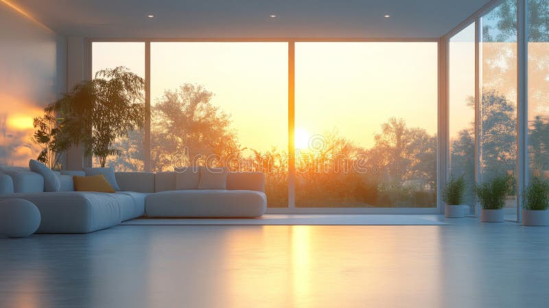 Serene Sunset View from Modern Living Room with Minimalist Design Stock ...