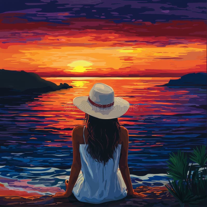 A Serene Sunset View with an Ocean View and a Woman in a Hat. Stock ...