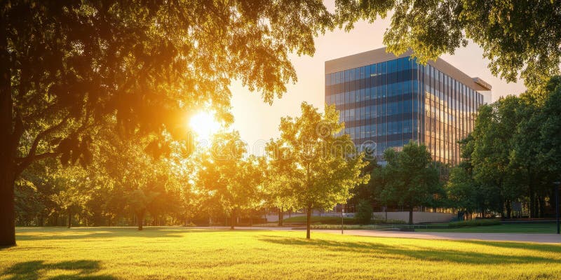 A Serene Sunset View Over a Park with a Modern Building in the ...