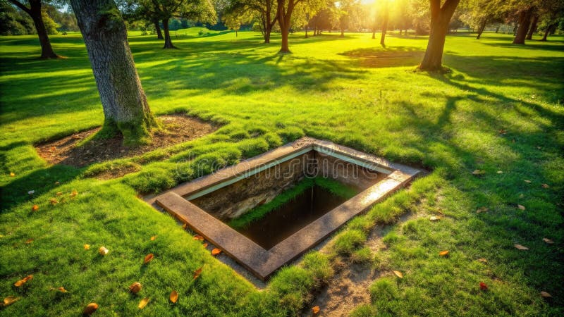 Serene Sunset View of a Rectangular Water Feature Embedded in a Lush ...