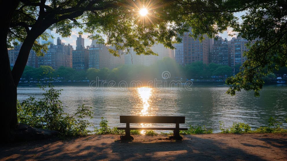 Serene Sunset View Riverside Bench Cityscape Stock Illustration ...