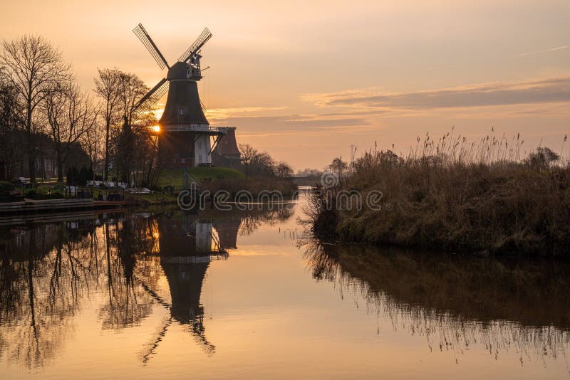 Sunset Windmill Reflection Tranquil Waters Stock Photos - Free ...