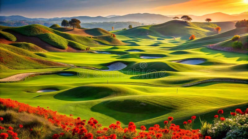 Serene Sunset View of Undulating Green Golf Course Fairways. Generative ...