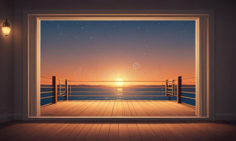 Serene Sunset View from Wooden Deck, Framed by White Wall and Railing ...