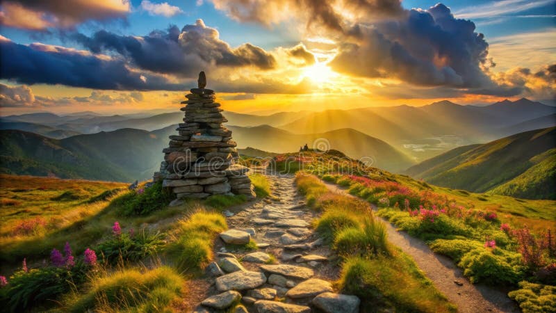 Serene Sunset Vista a Mountain Path Leads To a Stone Cairn and ...