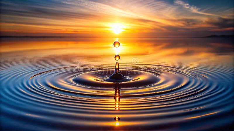 Serene Sunset Water Droplet Impacting Still Lake, Creating Concentric ...