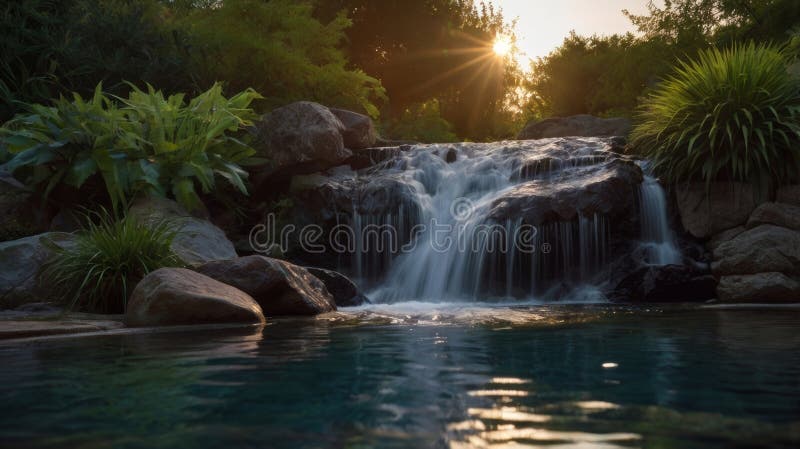 Serene Sunset Waterfall Cascading into a Tranquil Pool Stock Photo ...