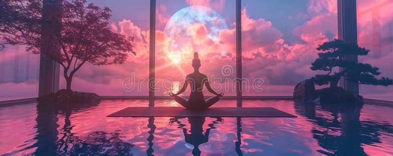 Serene Sunset Yoga Session by a Tranquil Pool Under a Pink Sky with a ...