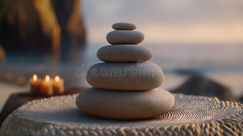 Serene Sunset Zen Garden with Stone Cairn and Lit Candles Stock Image ...