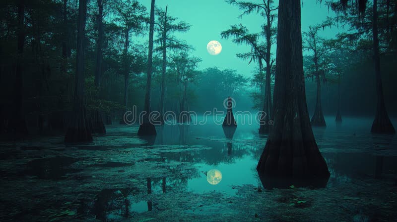 A Serene Swamp Bathes in the Deep Blue of the Night Sky with a Full ...