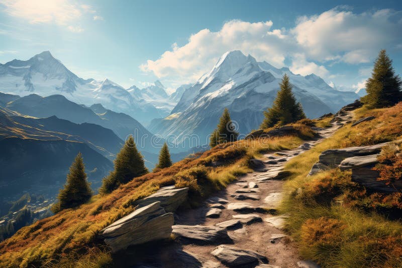 Serene Swiss Alps Path Landscape Generate Ai Stock Illustration Illustration Of Grass Alpine