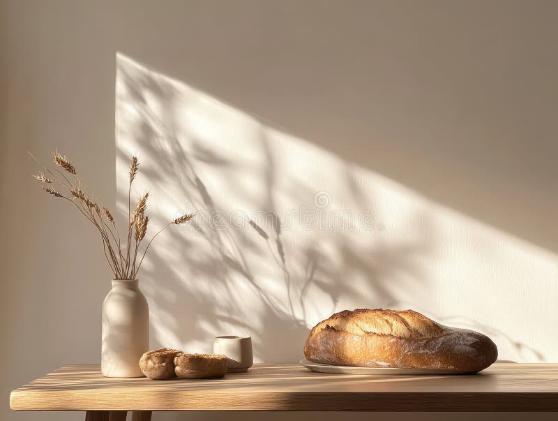 A Serene Tabletop Scene Featuring Bread, a Vase, and Soft Shadows Stock ...