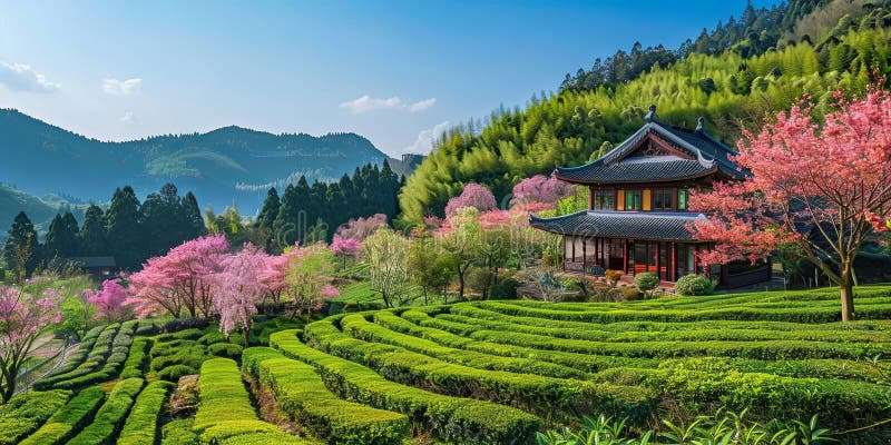 Serene Tea Plantation with Traditional Pagoda. AI Image Stock ...