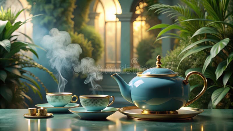 Serene Tea Ritual Aromatic Steam Rises from Elegant Teal Tea Set in ...