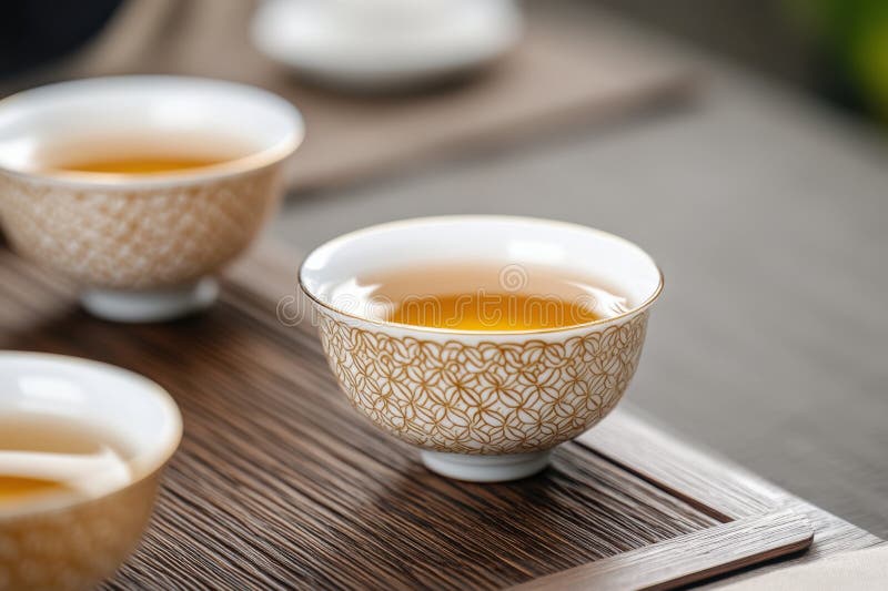 Traditional Tea Set Elegantly Arranged on a Low Wooden Table in Soft ...