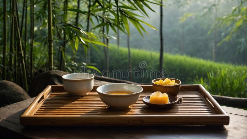 Serene Tea Ceremony in Bamboo Grove: Two Cups of Tea, Sugar Cubes ...