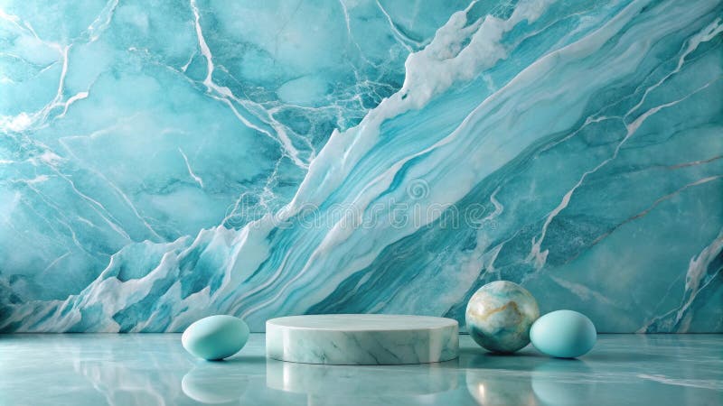 Serene Teal Marble Display with Oval and Spherical Elements. Generative ...