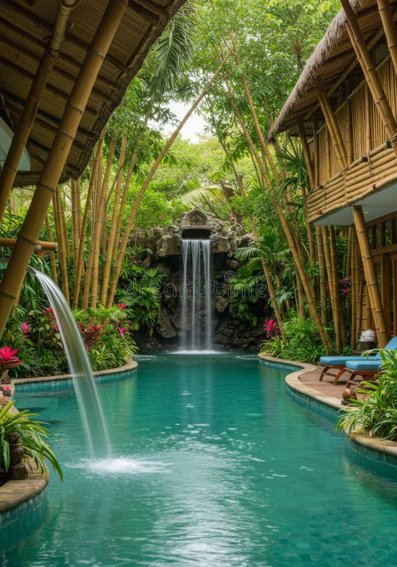 Serene Teal Pool with Waterfall in Lush Bamboo Setting Stock Photo ...