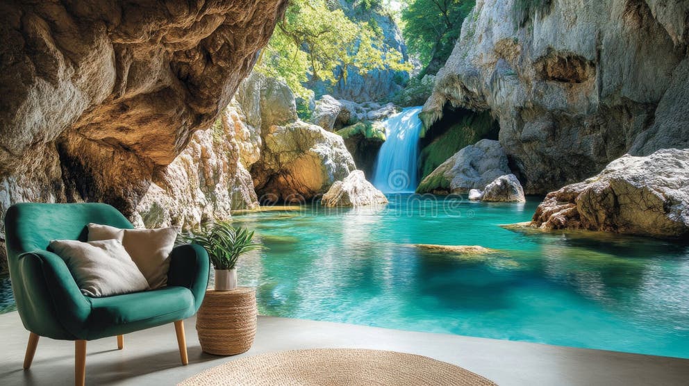 Serene Teal Waterfall Cave Pool Room Interior Stock Illustration ...