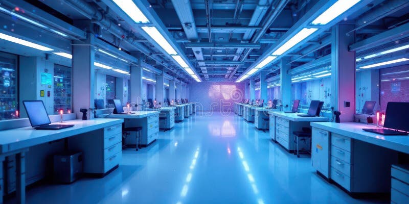 Serene Technological Corridor Rows of Sleek Workstations in a Modern ...