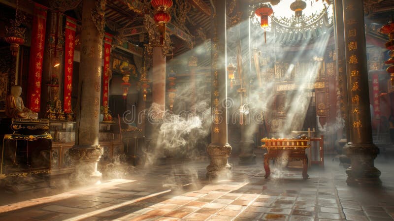 A Serene Temple Interior Illuminated by a Striking Shaft of Light and ...