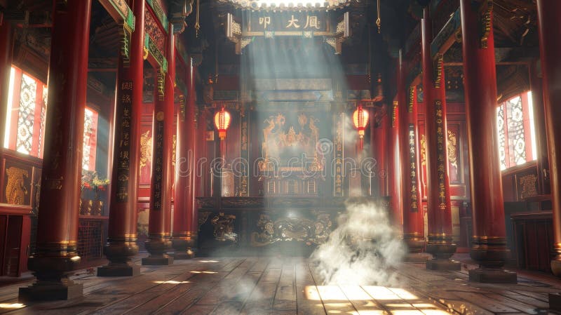 Serene Temple Interior with Light Rays, Dust Particles, and Dramatic ...