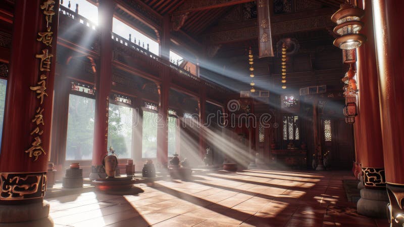 Serene Temple Interior Showcasing Stoic Wisdom with Dramatic Light and ...