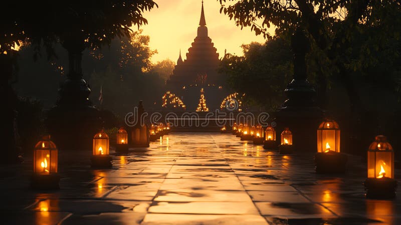 A Serene Temple Setting on Magha Puja Day, with Lanterns Lighting the ...