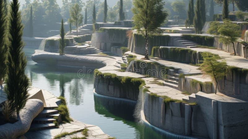 Terraced Landscape with Water and Greenery Stock Photo - Image of calm ...