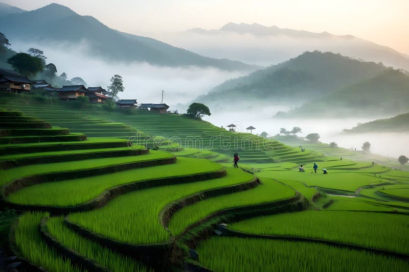Serene Terraced Rice Fields at Dawn Stock Illustration - Illustration ...